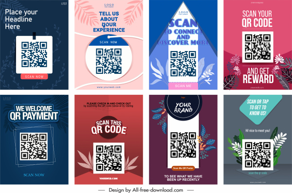 Template Poster Kode Qr Dekorasi Daun Klasik Yang Elegan vektor Misc 